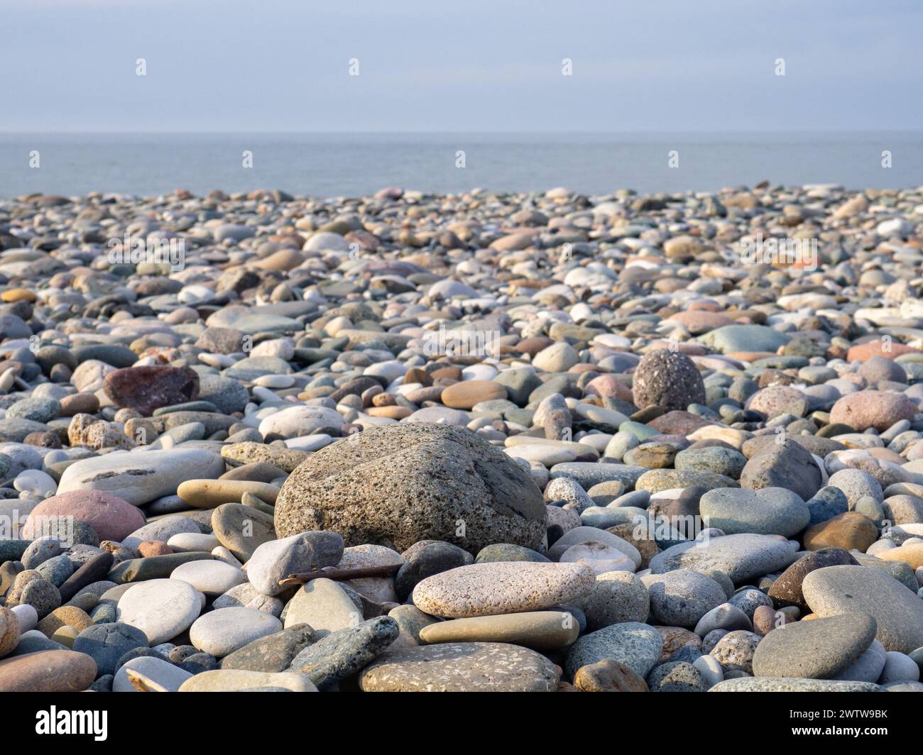 Gray sand and stones close-up on the beach. Stone in the foreground ...