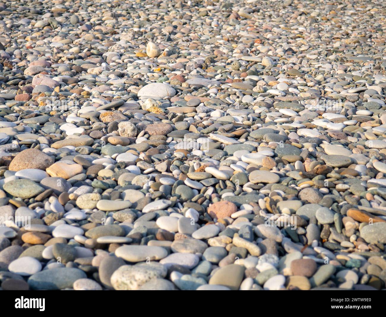 Gray sand and stones on the beach. Stone in the foreground. Sea coast ...