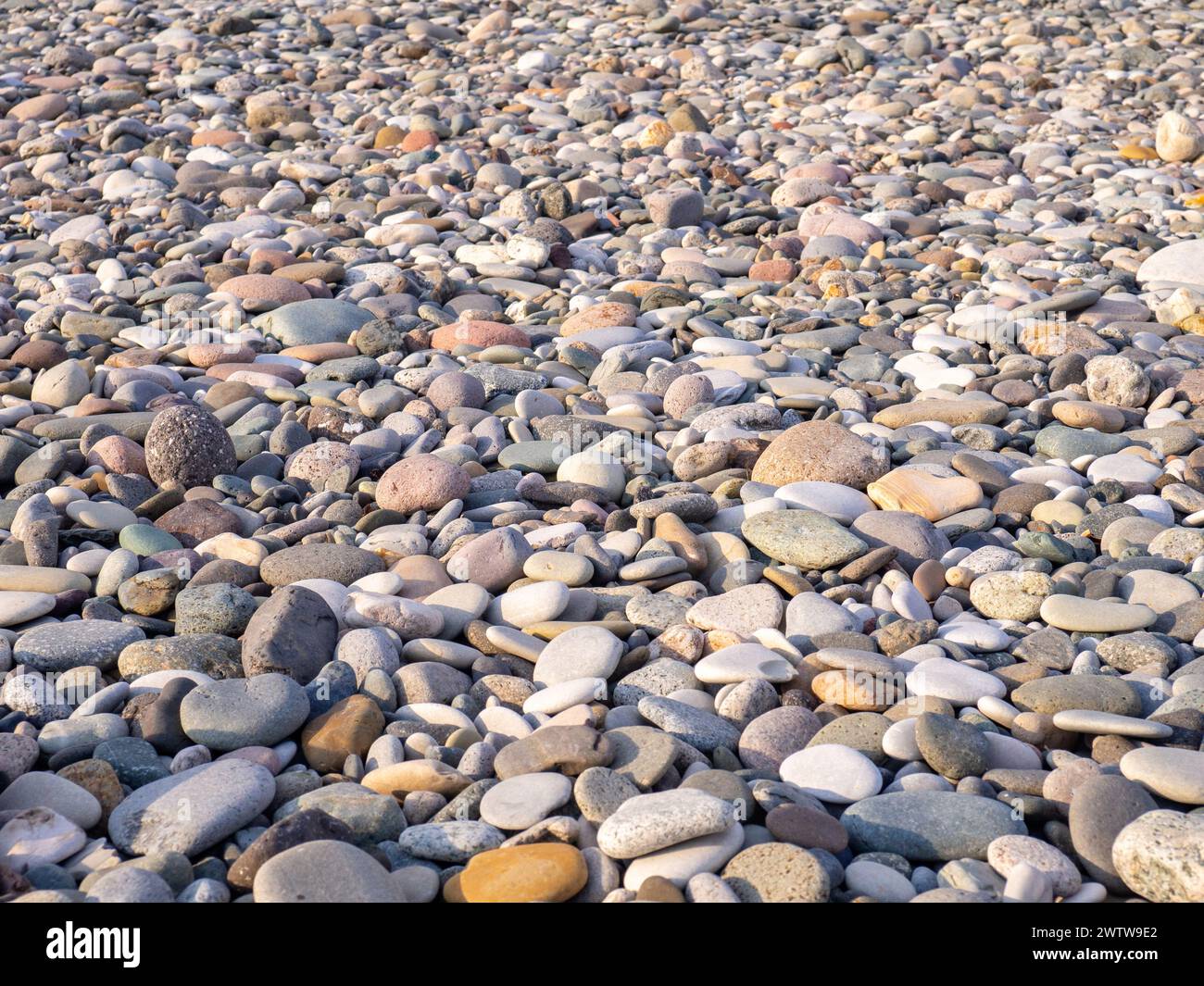Gray sand and stones on the beach. Stone in the foreground. Sea coast ...