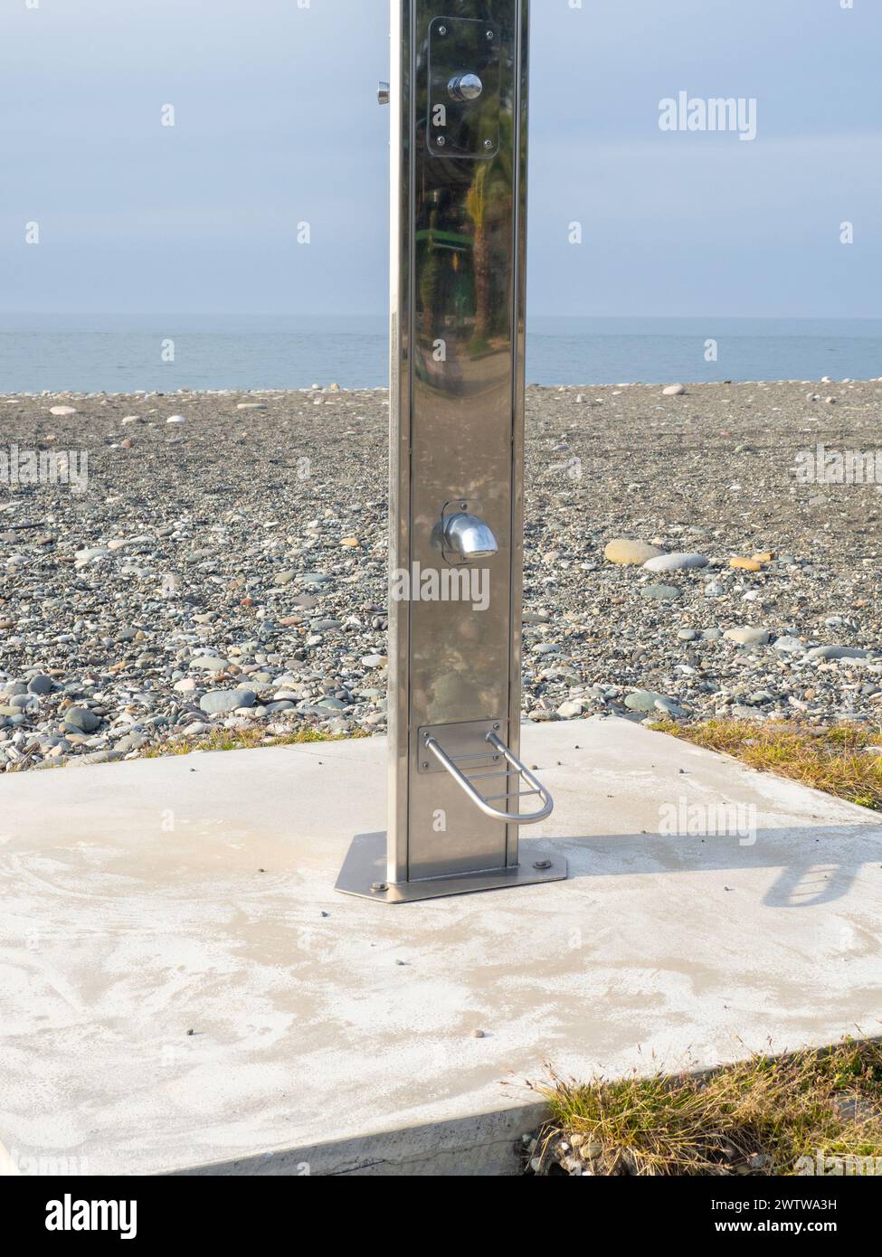 Pillar shower on the beach. Modern infrastructure at the resort. Body ...