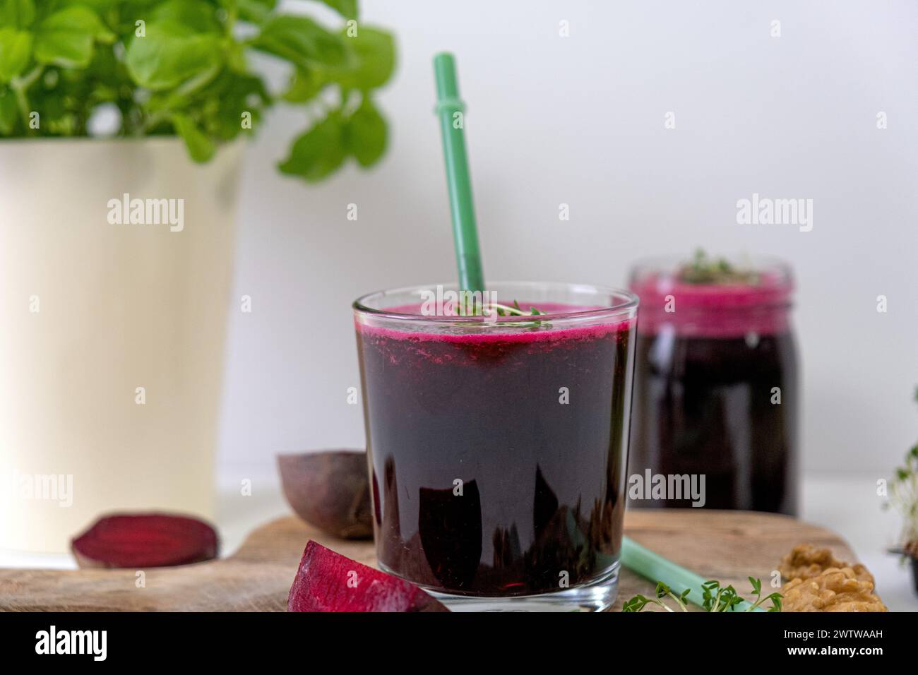 Beetroot smoothie in a jar. Beetroot and microgreens smoothie Stock ...