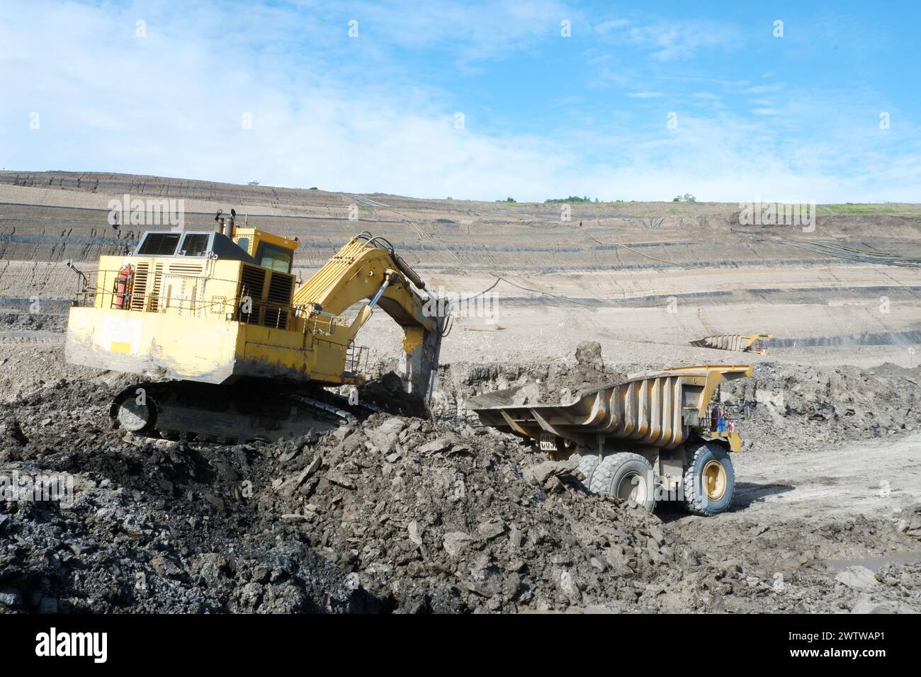 over burden loading in coal mine from excavator into truck, coal mine ...