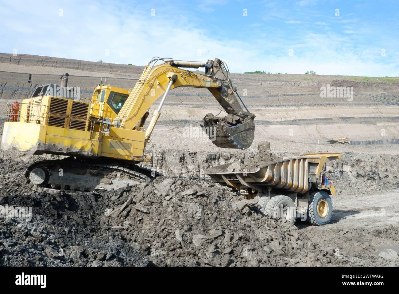 over burden loading in coal mine from excavator into truck, coal mine ...