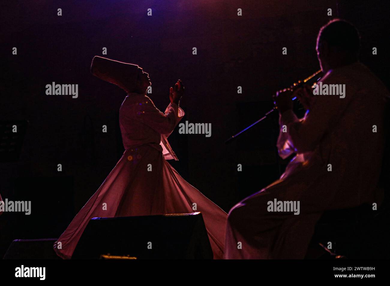 Cairo, Egypt. 19th Mar, 2024. A dancer performs a Sufi dance at Prince ...