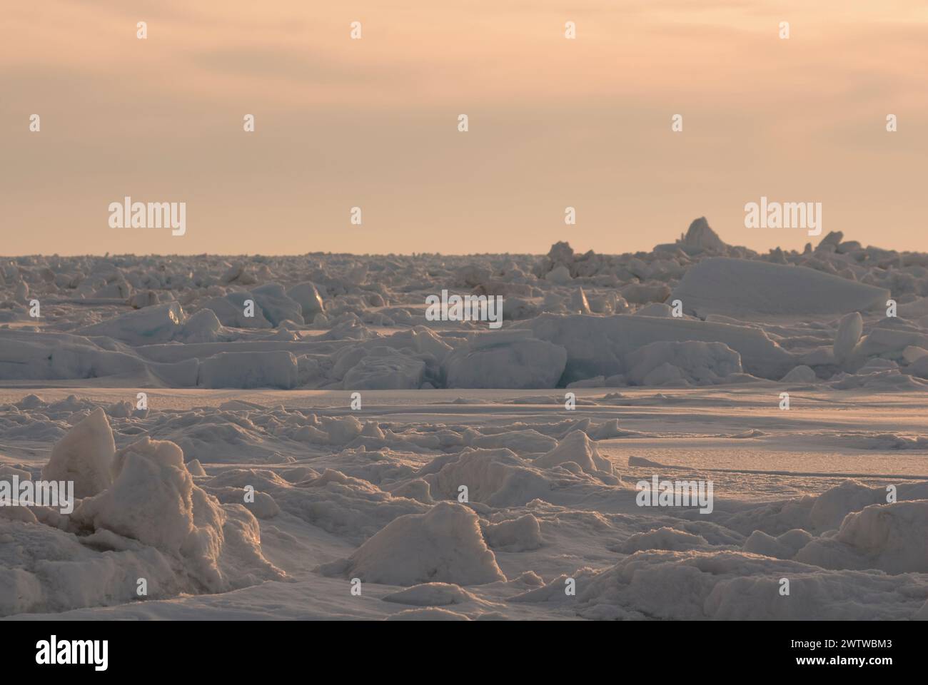 Seascape of rough pack ice over the Chukchi sea in springtime, off ...