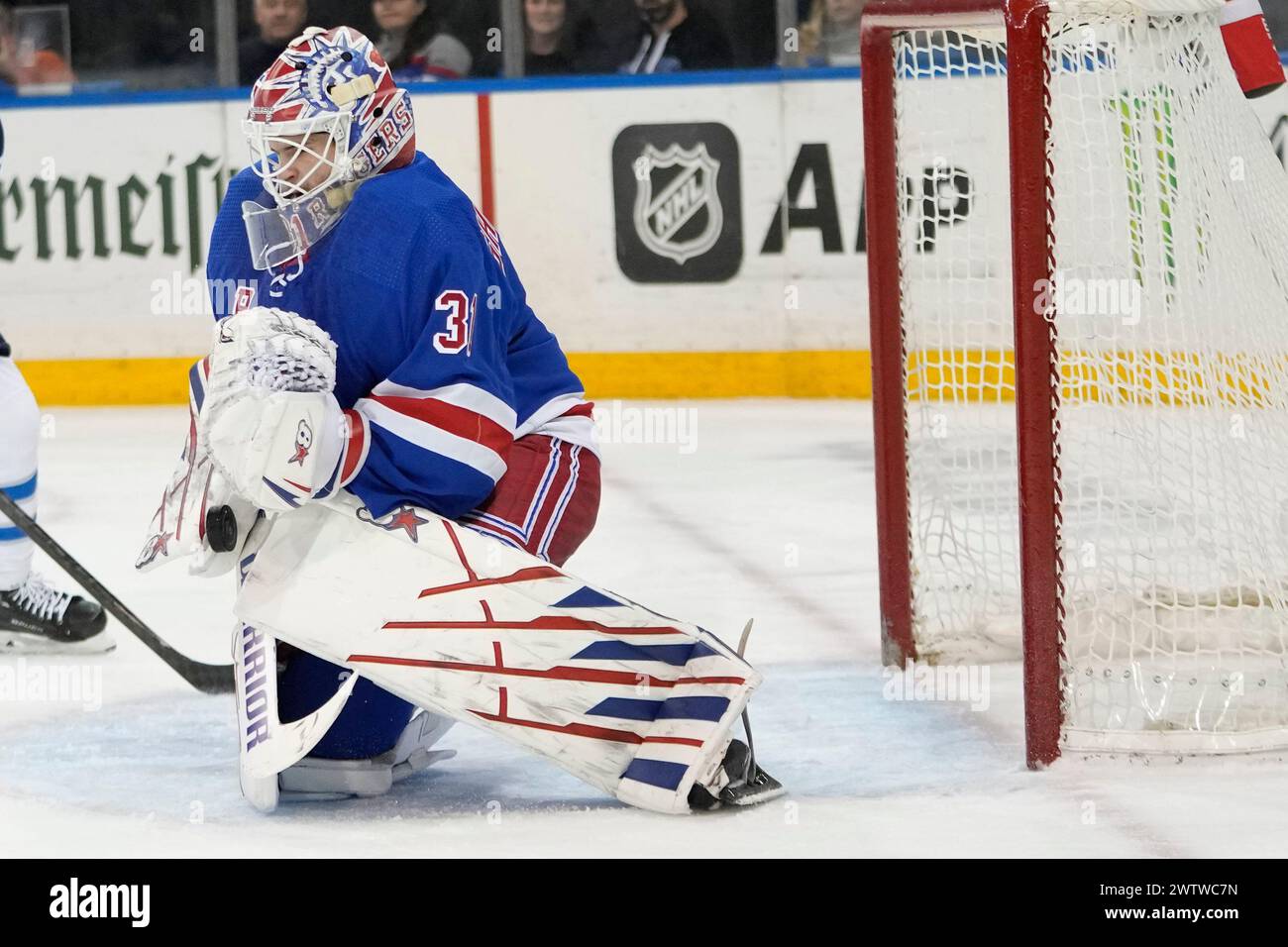 New York Rangers goaltender Igor Shesterkin makes the save against the ...
