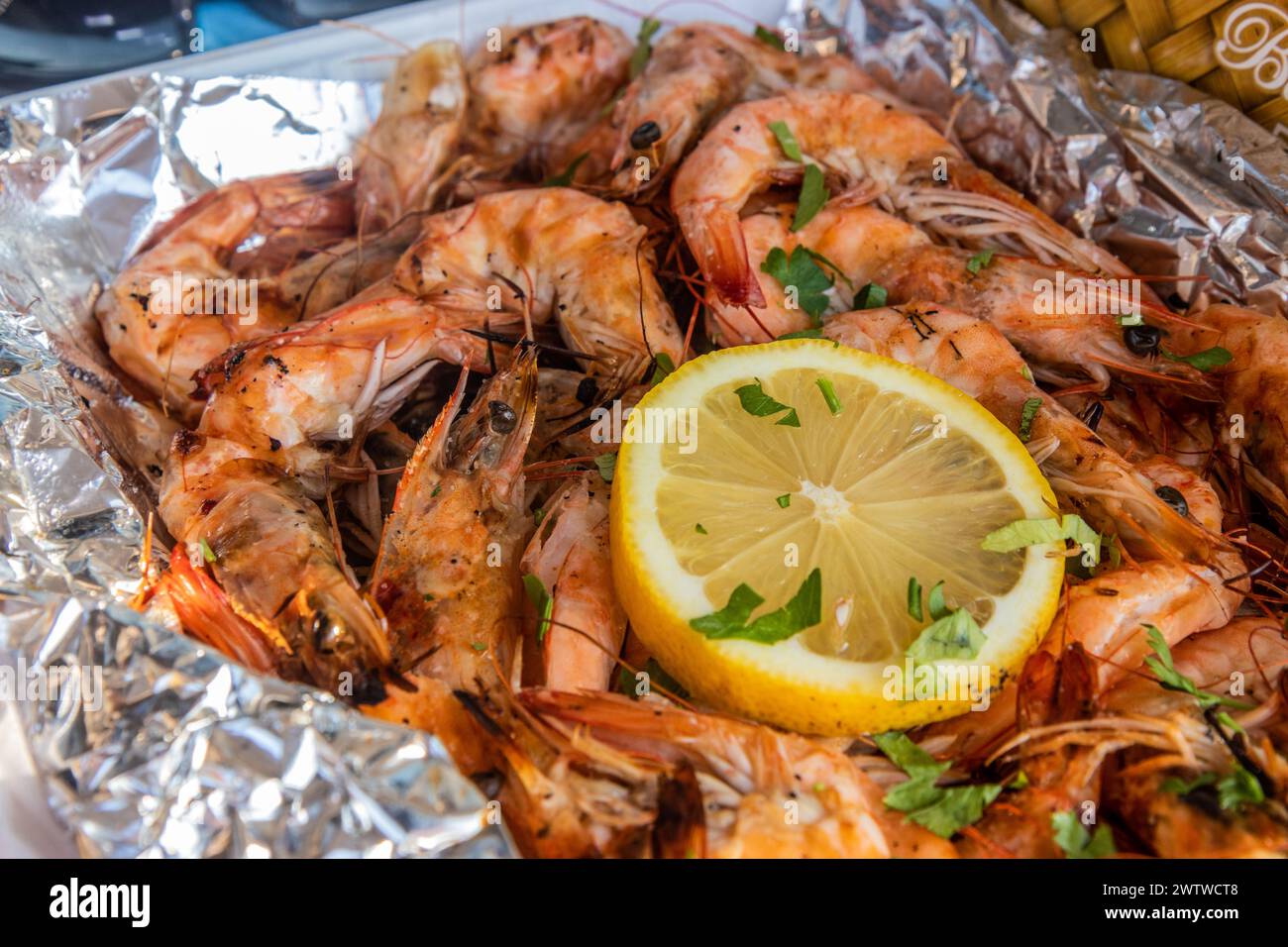 Shrimp meal in a restaurant at Al Mina Market in Abu Dhabi, United Arab ...