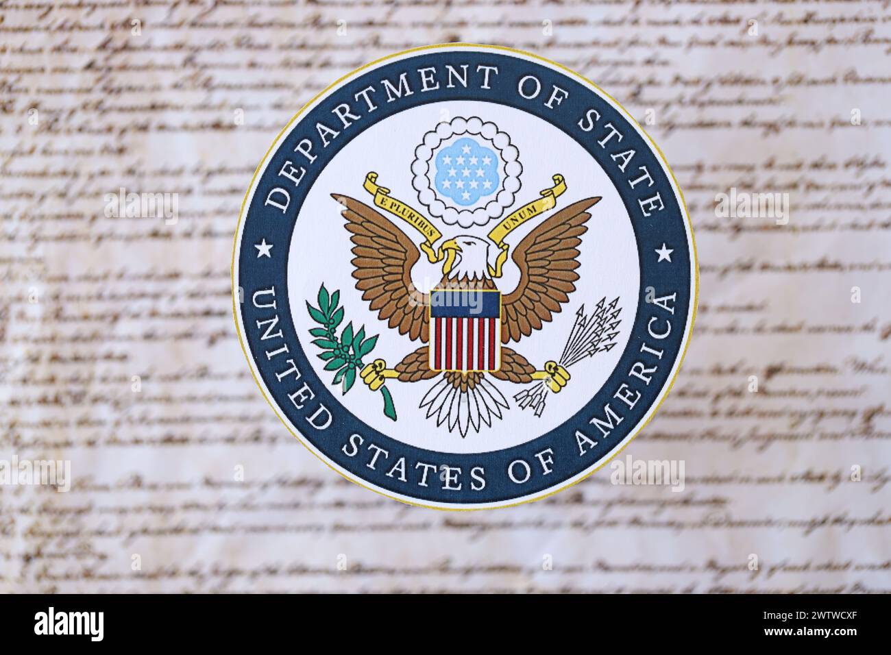 KYIV, UKRAINE - MARCH 9, 2024 US Department of State seal on United ...