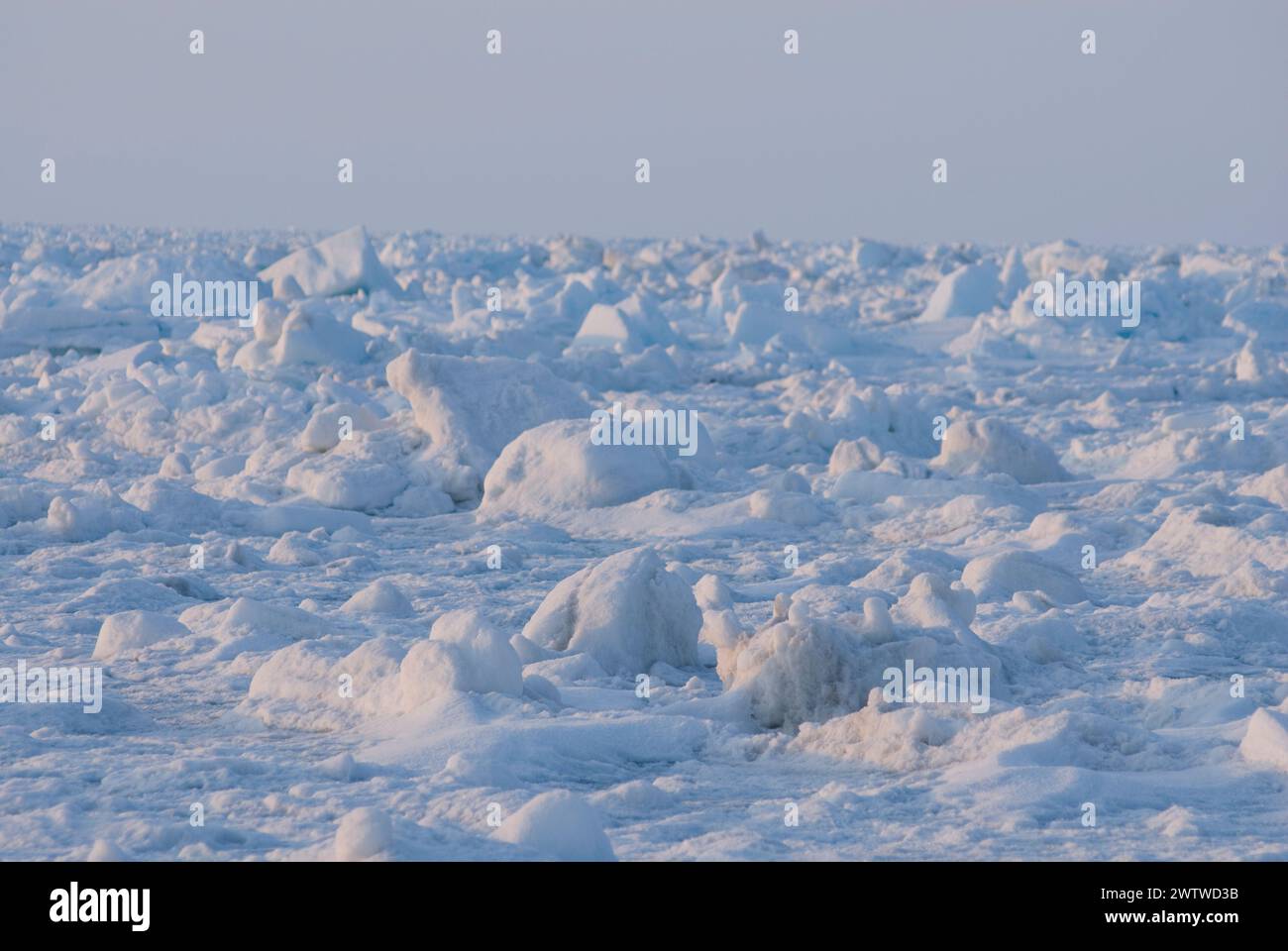 Seascape of rough pack ice over the Chukchi sea in springtime, off ...