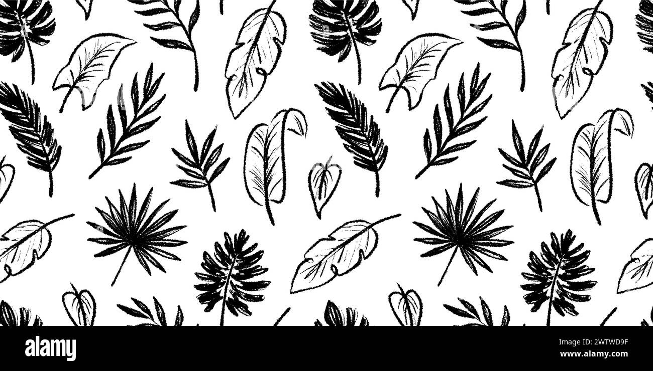 Black leaf seamless pattern vector background. Hand drawn crayon ...