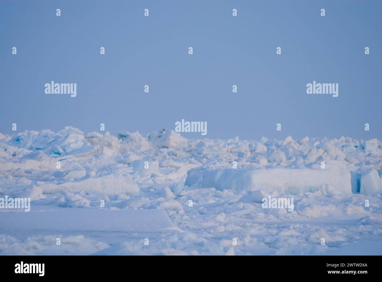 Seascape of rough pack ice over the Chukchi sea in springtime, off ...