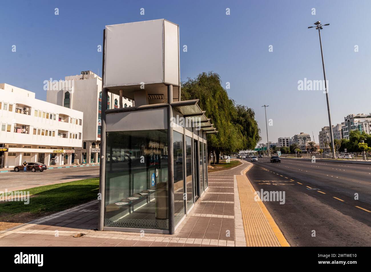 ABU DHABI, UAE - OCTOBER 18, 2021: Air conditioned bus stop at Sheikh ...