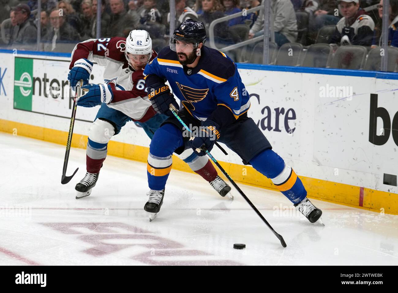 St. Louis Blues' Nick Leddy (4) looks to pass as Colorado Avalanche's ...