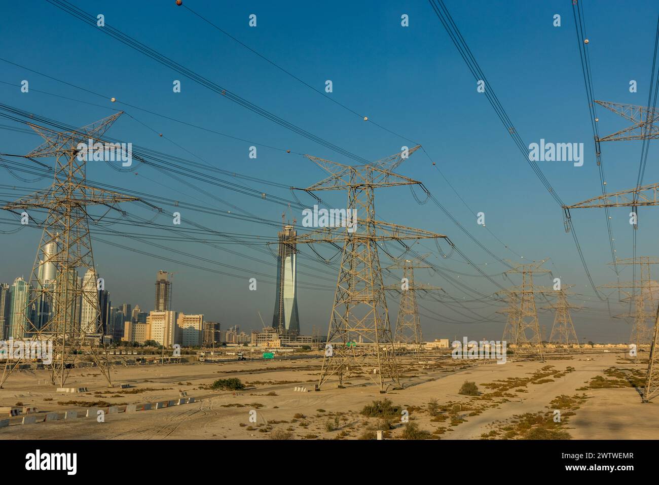 Pylons of high voltage electric transmission lines in Dubai, United ...
