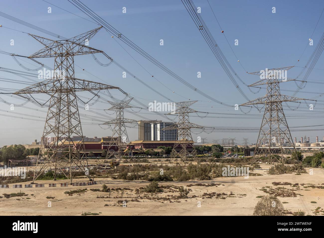 Pylons of high voltage electric transmission lines in Dubai, United ...