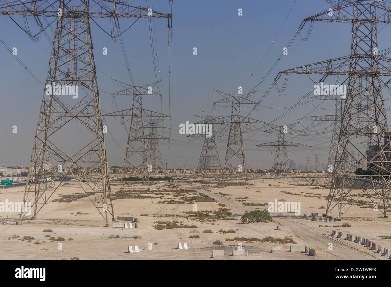 Pylons of high voltage electric transmission lines in Dubai, United ...