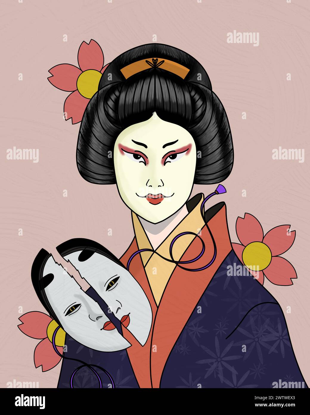 The image portrays an illustration of a Japanese geisha in the ...