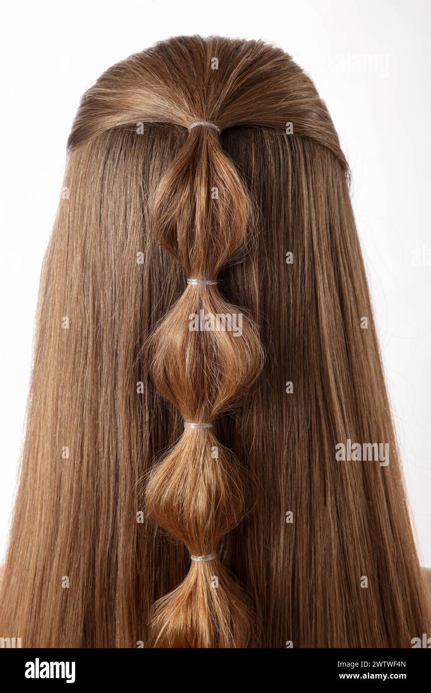 Woman with braided hair on white background, back view Stock Photo - Alamy