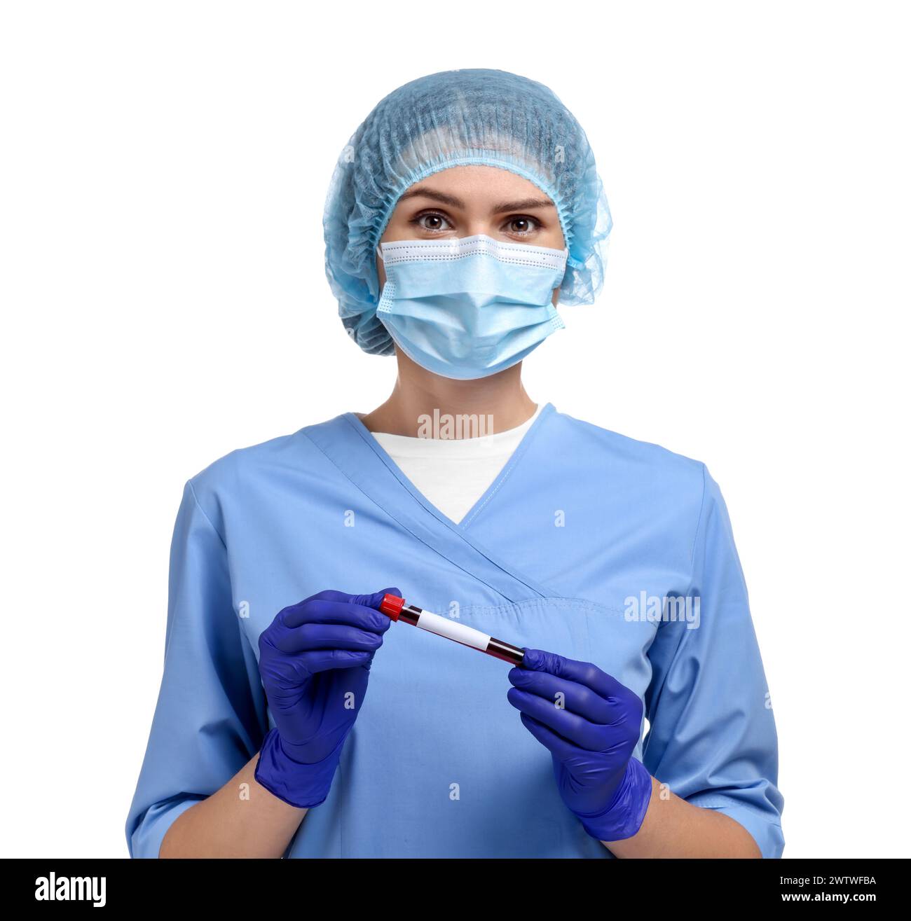 Laboratory testing. Doctor with blood sample in tube on white ...
