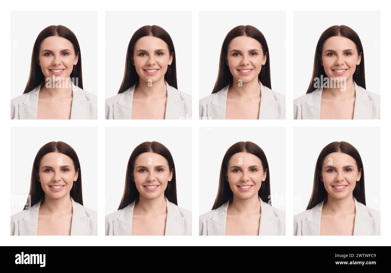 Passport photo, collage. Woman on white background, set of photos Stock ...