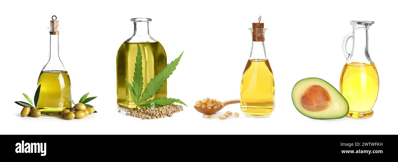 Vegetable fats. Different cooking oils and ingredients isolated on ...