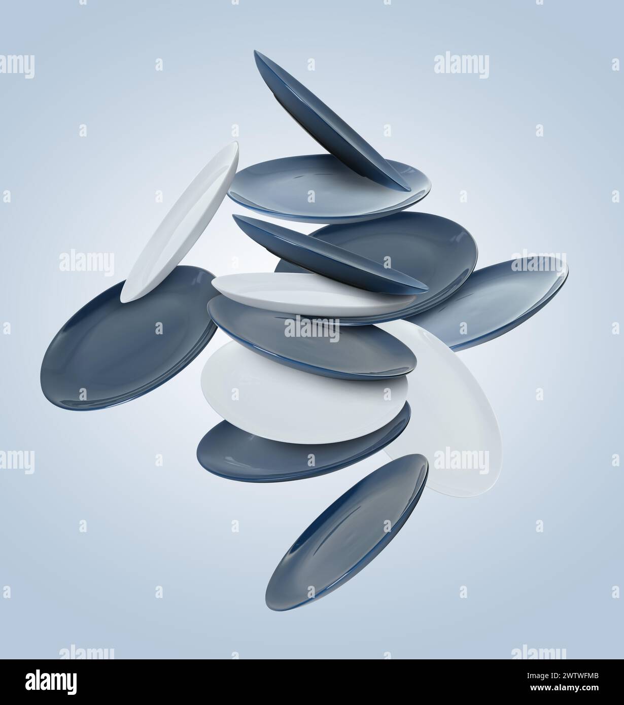Clean ceramic plates falling on light blue background Stock Photo - Alamy
