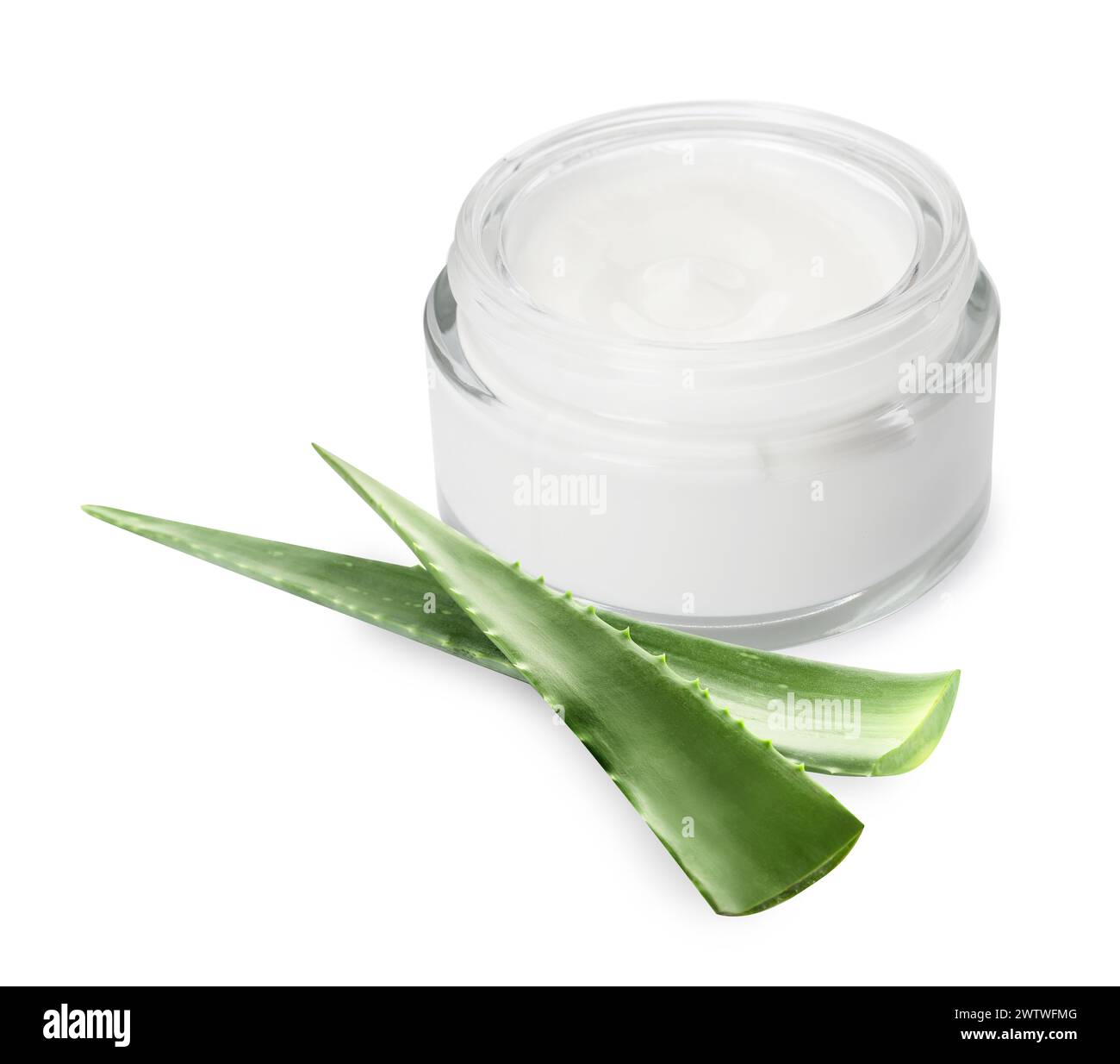 Moisturizing cream with extract of aloe vera. Jar and green aloe leaves ...