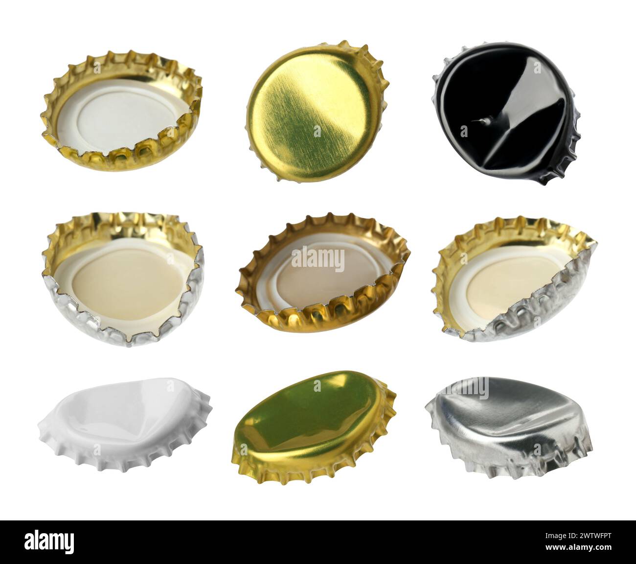 Different beer bottle caps isolated on white, set Stock Photo - Alamy