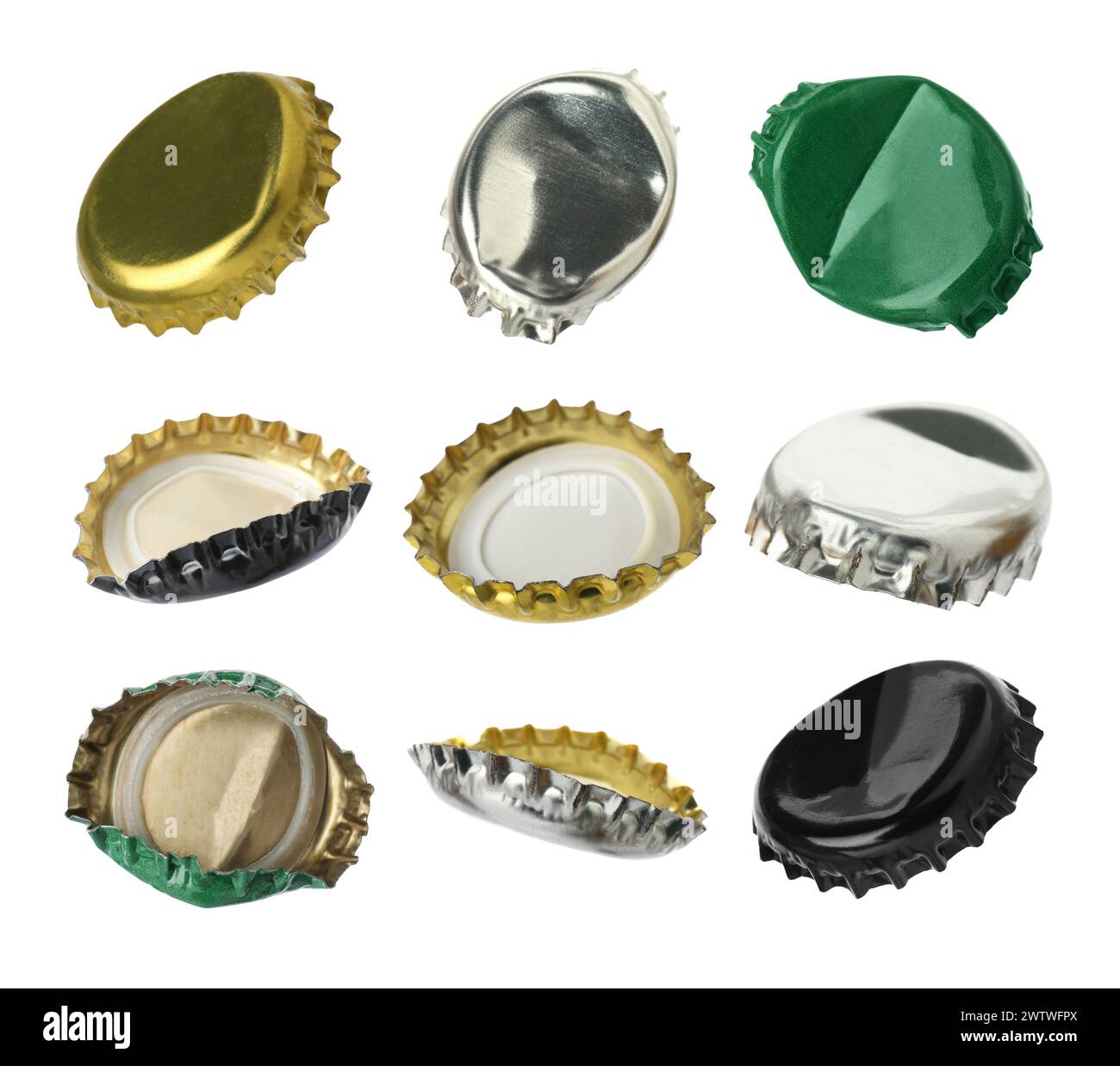 Different beer bottle caps isolated on white, set Stock Photo - Alamy