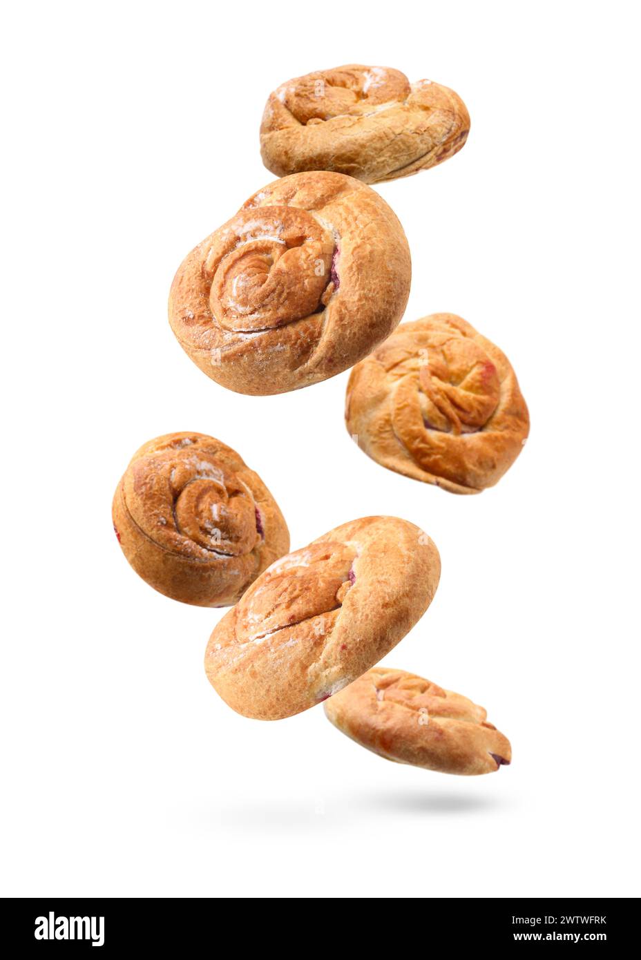 Sweet buns. Delicious rolls with jam falling on white background Stock ...