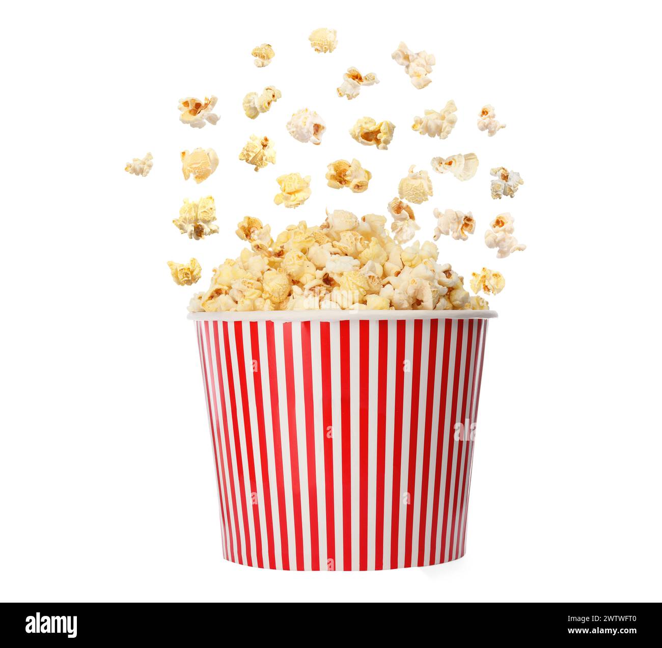 Popcorn flying into bucket on white background Stock Photo - Alamy