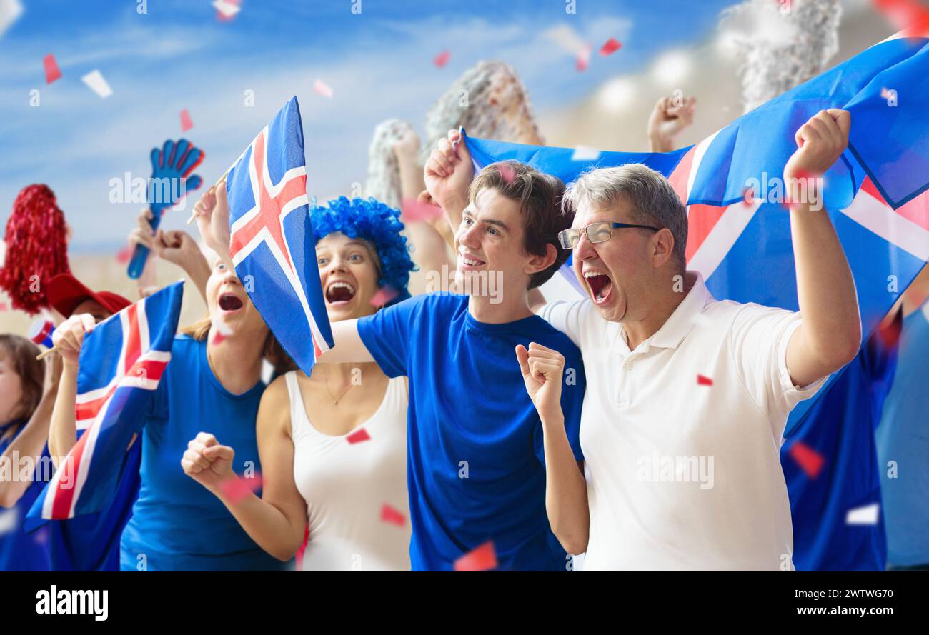 Iceland football supporter on stadium. Icelandic fans on soccer pitch ...