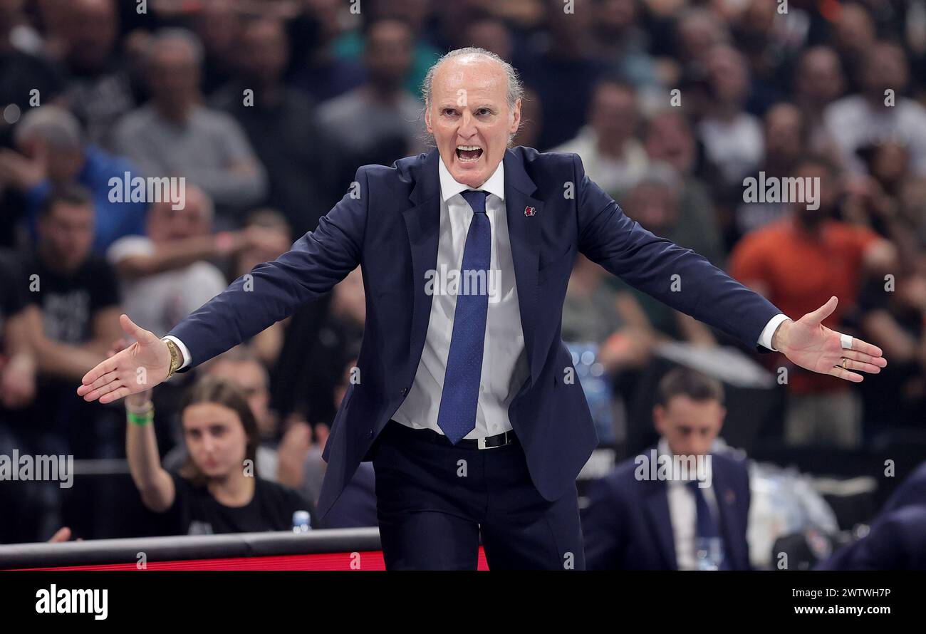 Belgrade. 19th Mar, 2024. Baskonia's head coach Dusko Ivanovic gestures ...