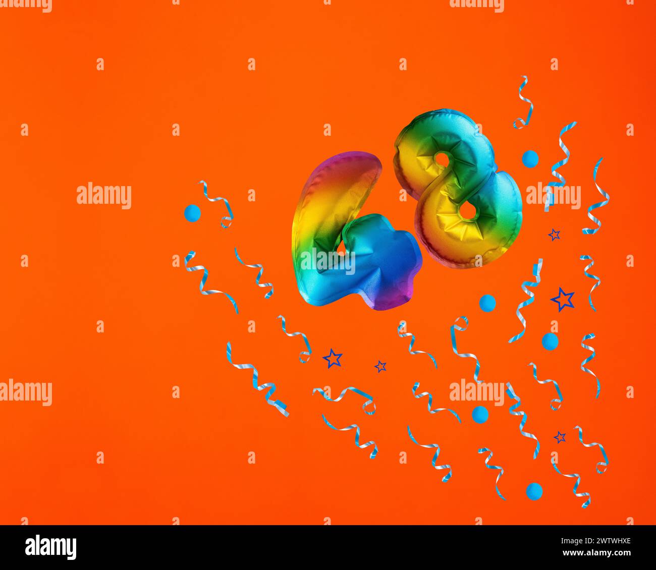 Multicolor balloon number 48 - Confetti explosion on orange background ...