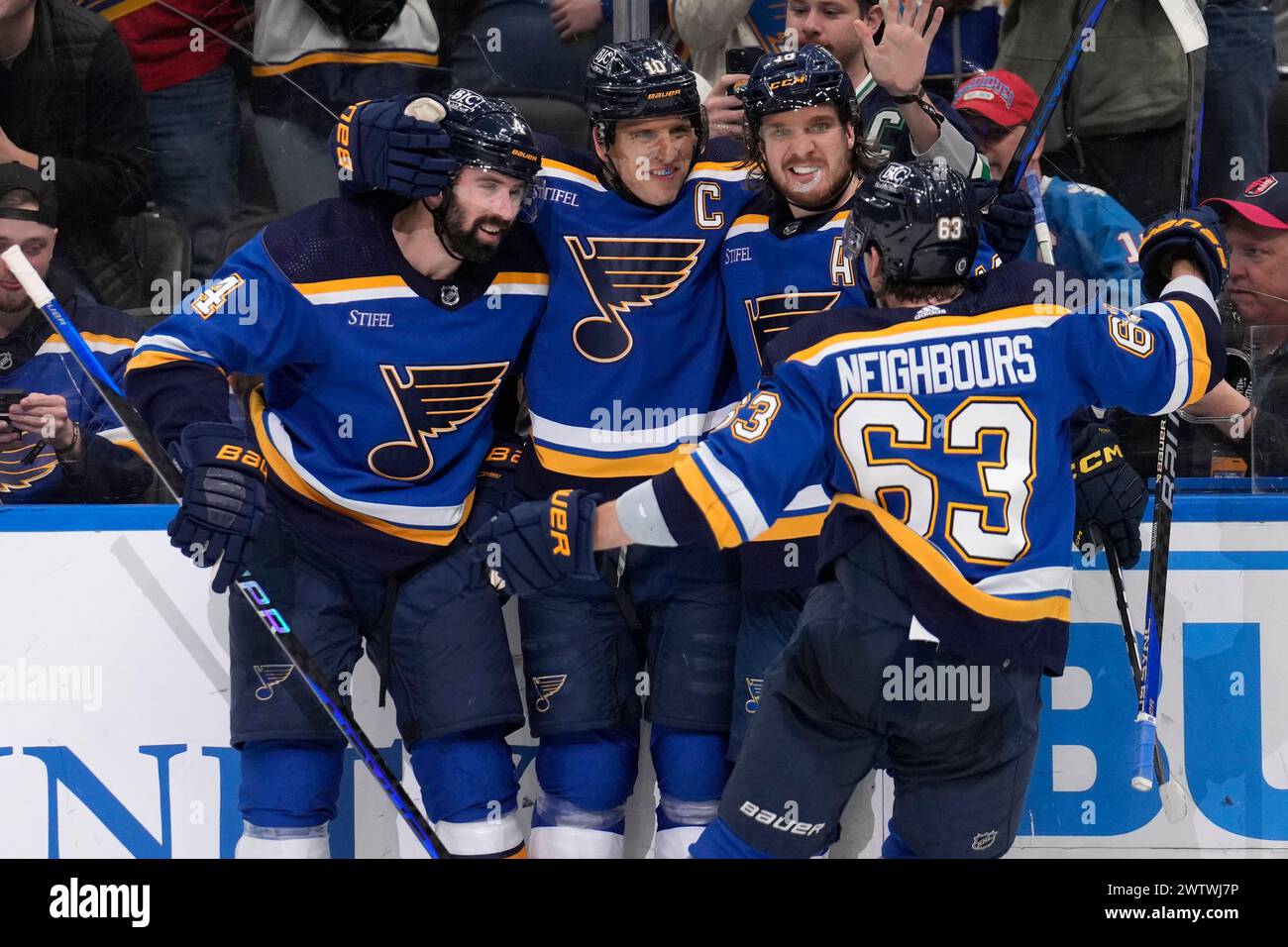 St. Louis Blues' Brayden Schenn is congratulated by teammates Nick ...