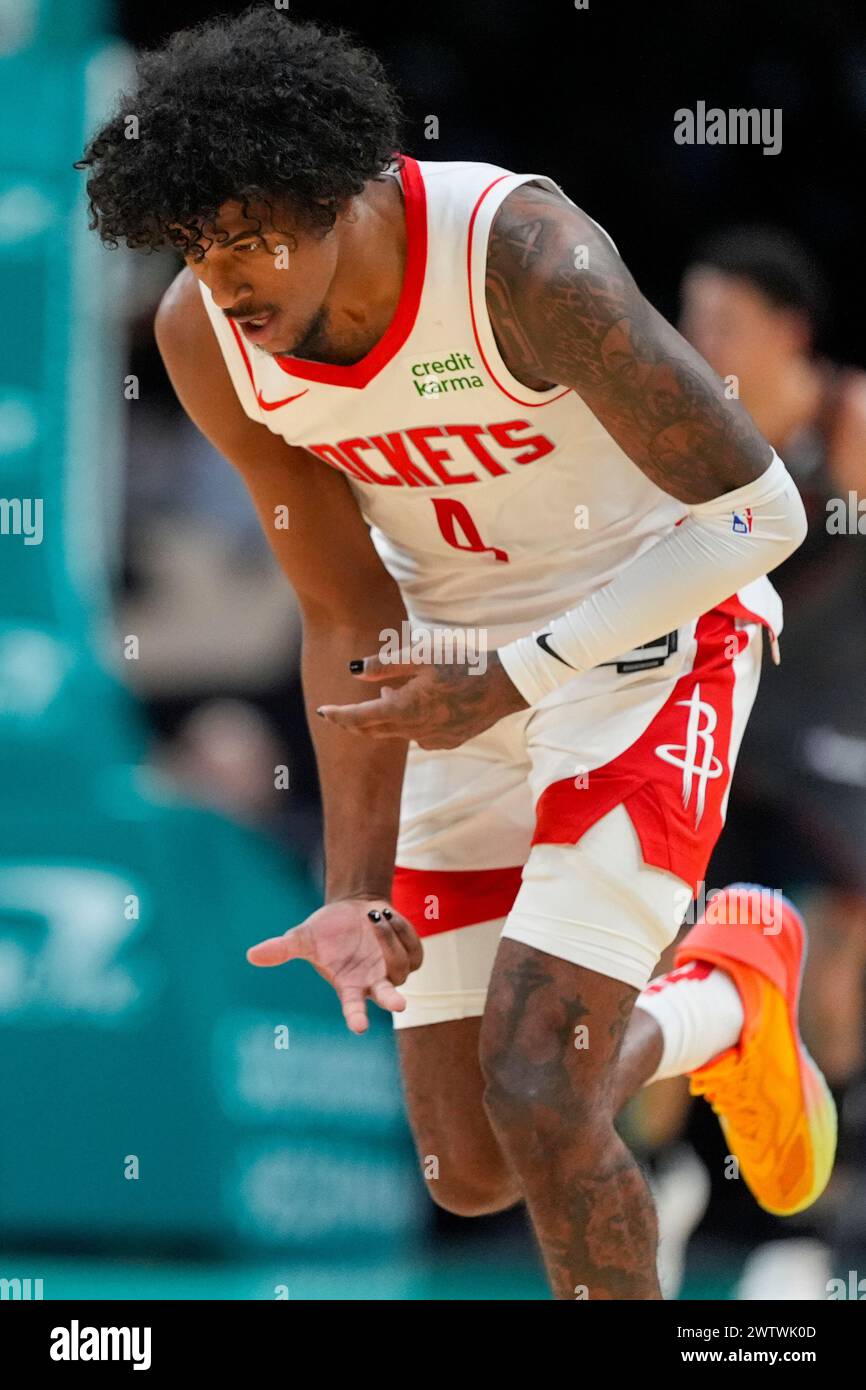 Houston Rockets guard Jalen Green celebrates after a play against the ...