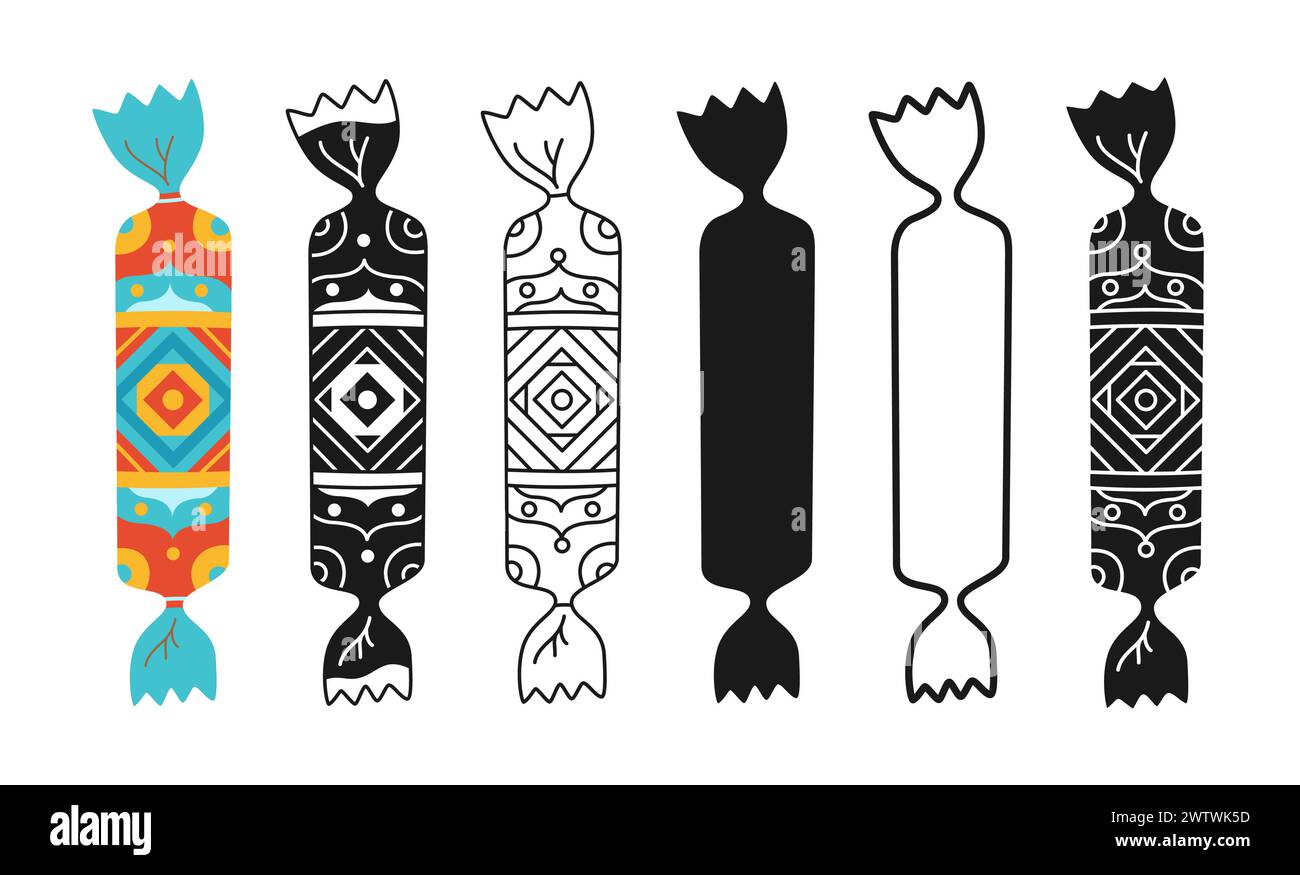 Wrapped candy with doodle ornament. Cartoon symbol bonbon, stamp ...