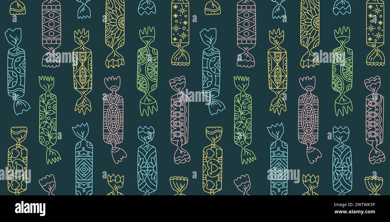 Wrapped candy seamless pattern. Caramel bonbon lollipop with doodle ...