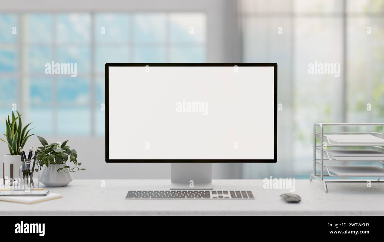 A modern, minimal bright office with a white-screen PC computer mockup ...