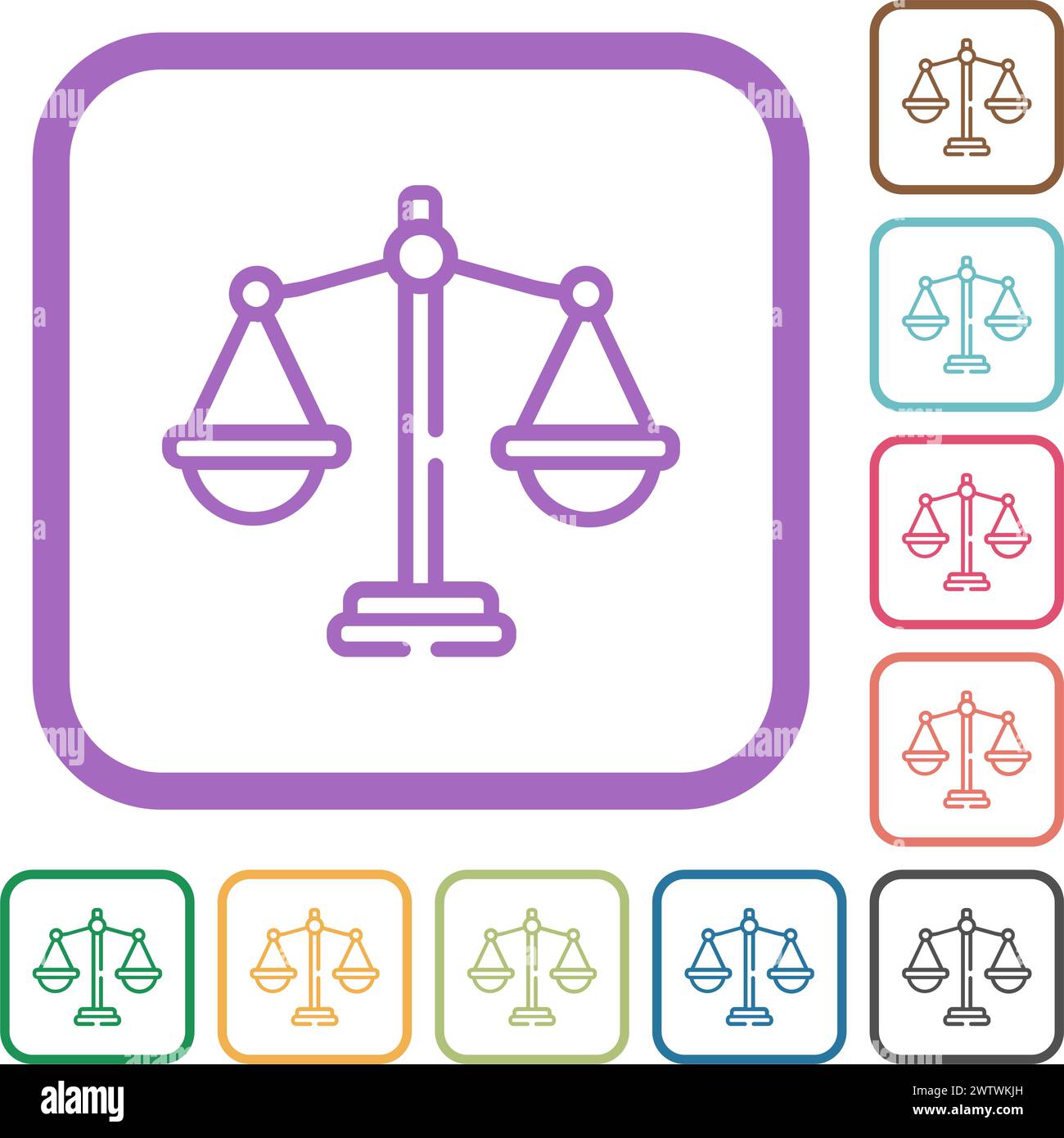 Scales of justice outline simple icons in color rounded square frames ...
