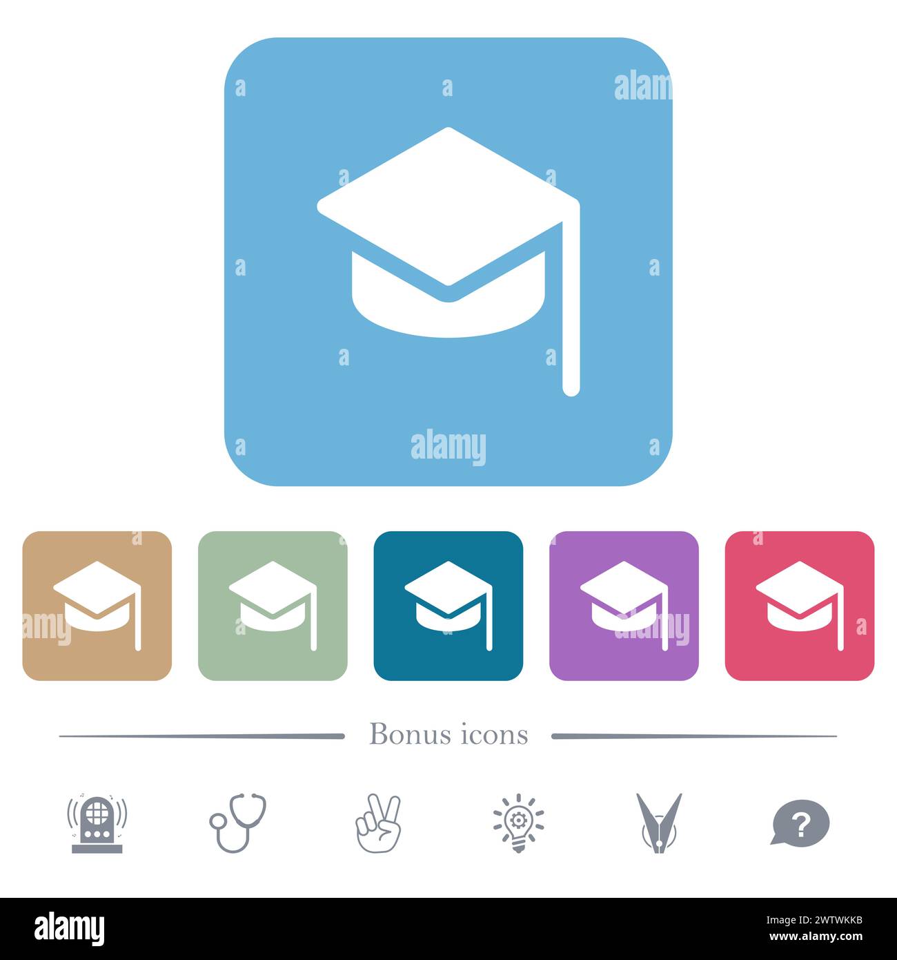 Graduation hat solid white flat icons on color rounded square backgrounds. 6 bonus icons ...
