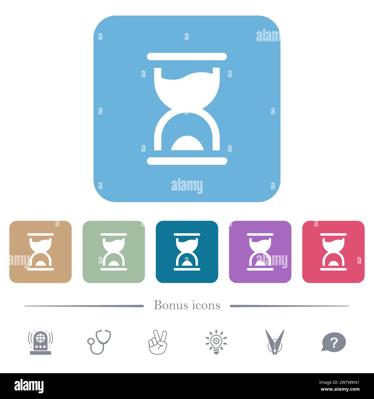 Sandglass alternate white flat icons on color rounded square backgrounds. 6 bonus icons included ...