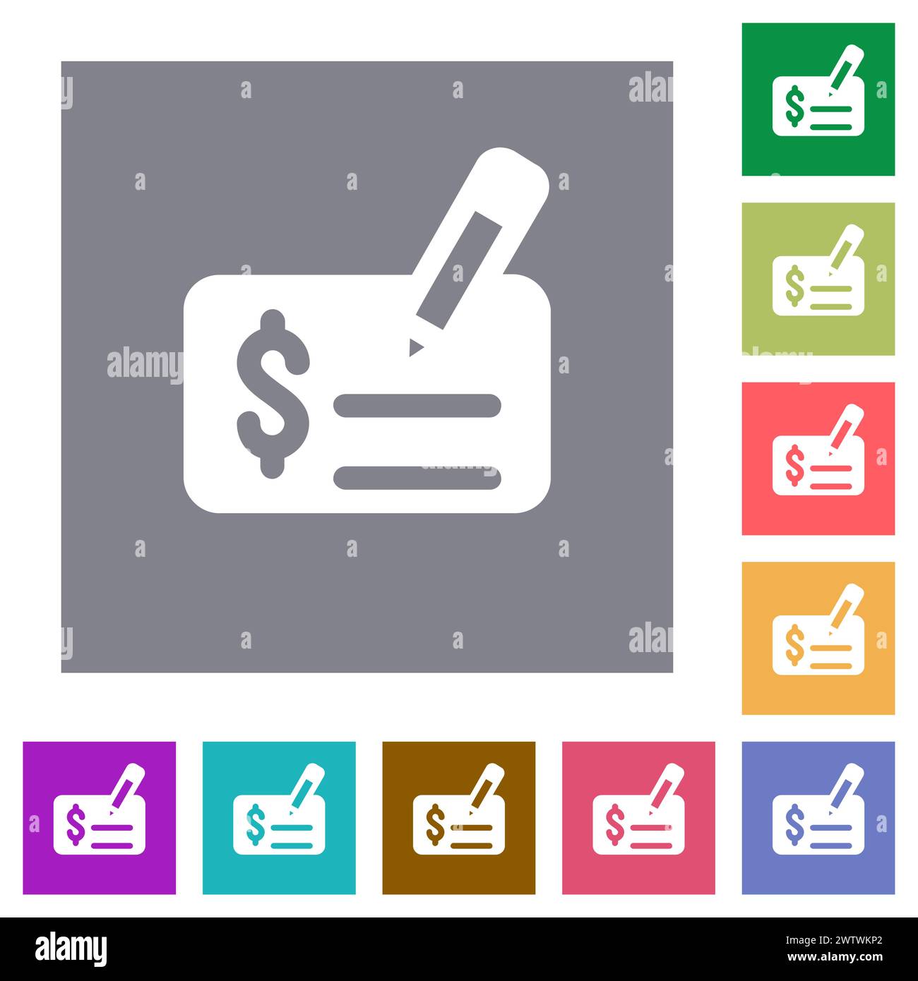 Cheque signing solid flat icons on simple color square backgrounds ...