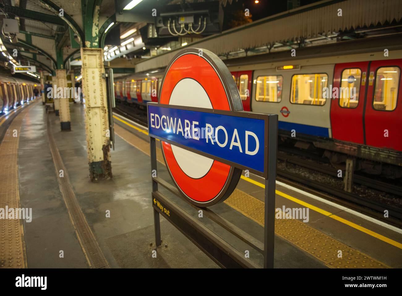 Circle Line platform at Edgware Road in city of Westminster in London ...