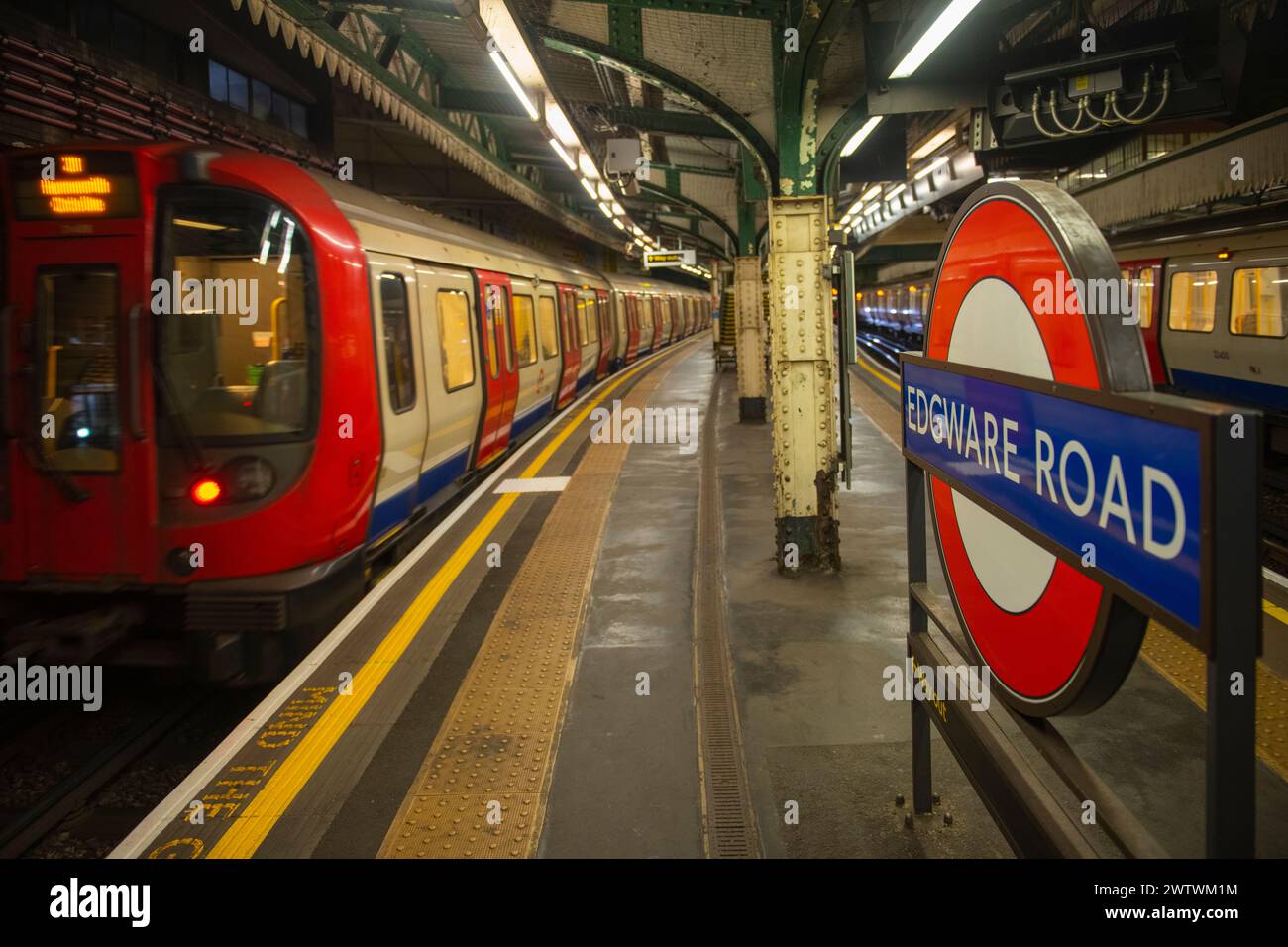 Circle Line platform at Edgware Road in city of Westminster in London ...