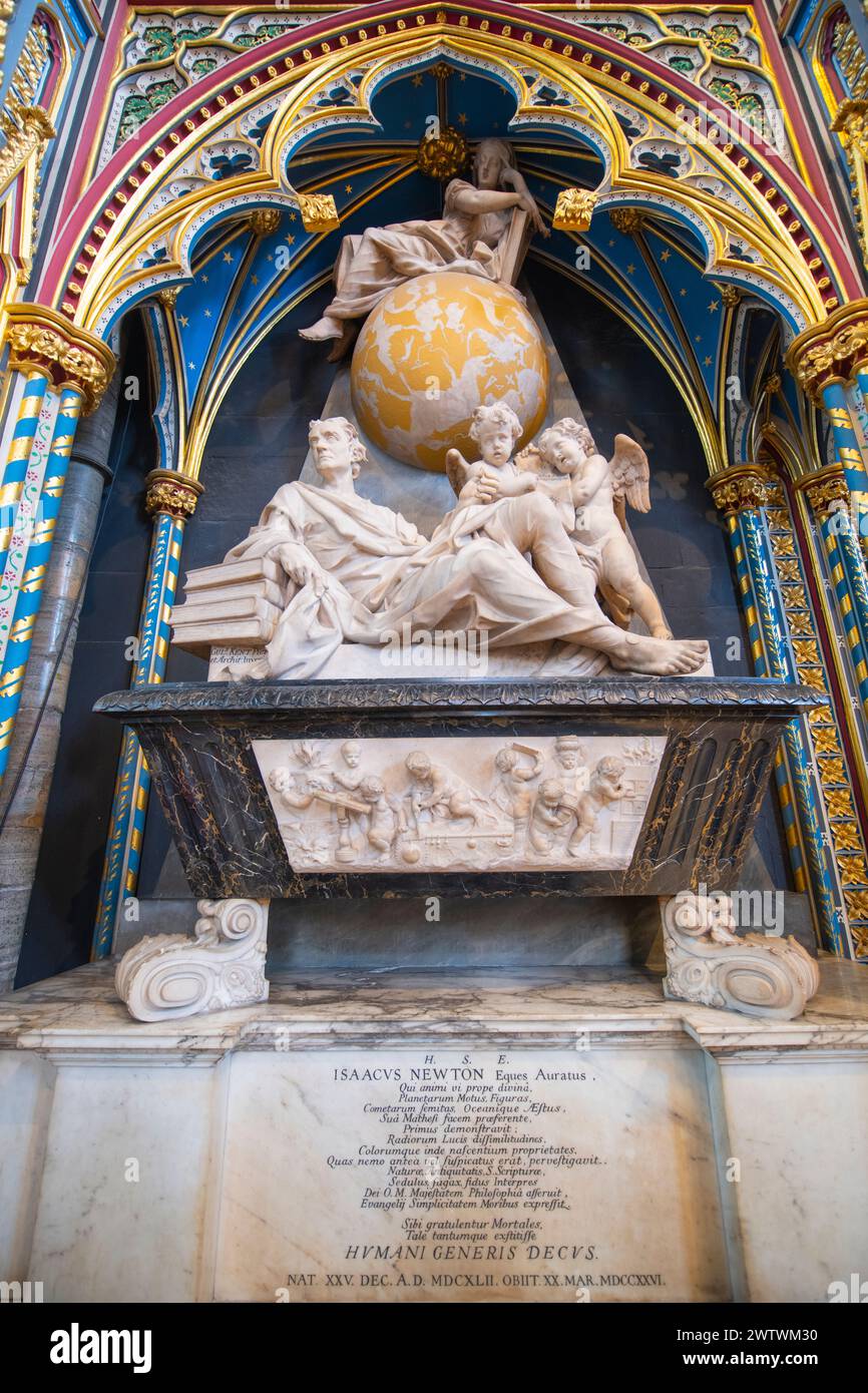 Sir Isaac Newton Monument in Westminster Abbey. The church is World Heritage Site located next ...