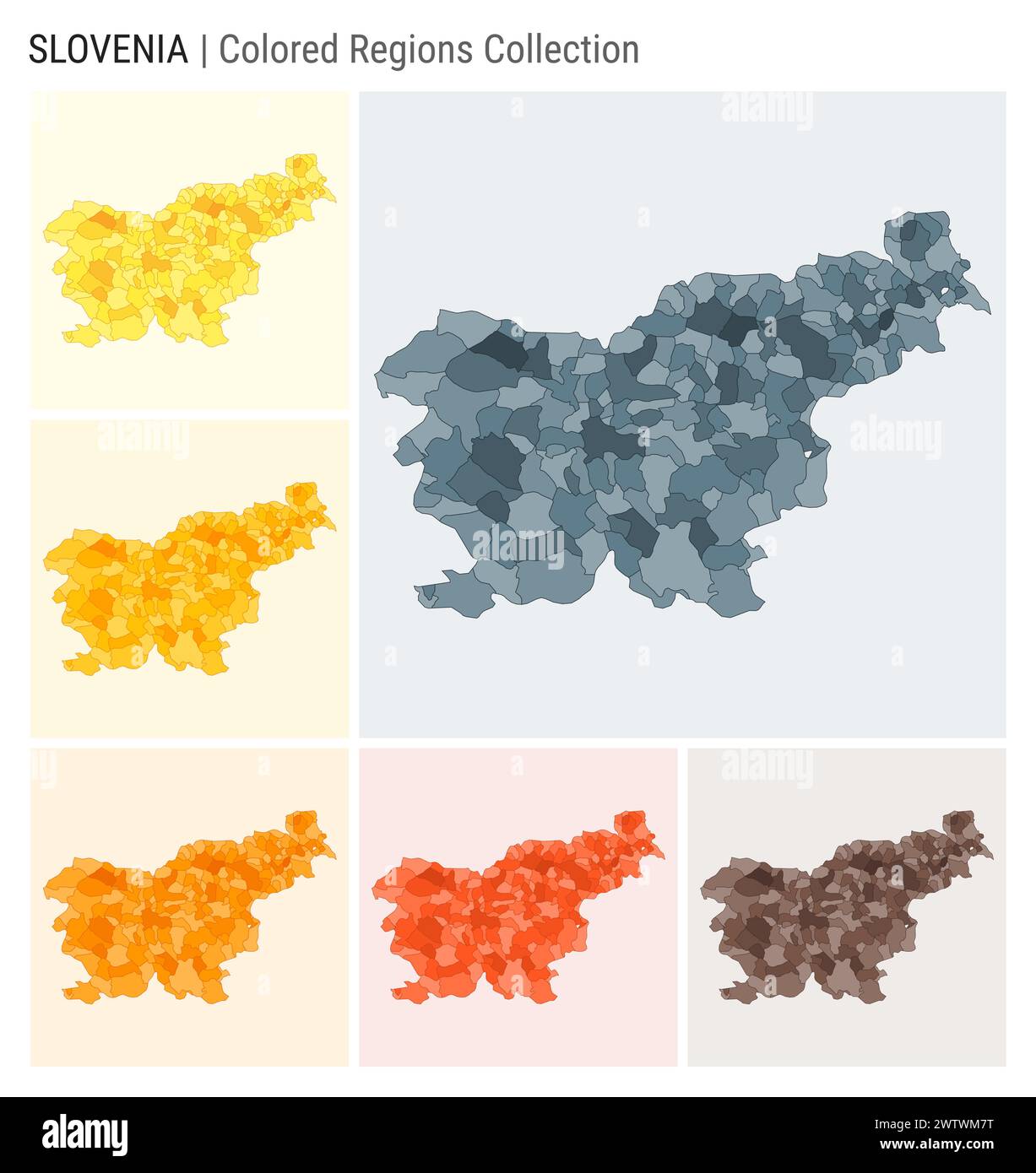 Slovenia map collection. Country shape with colored regions. Blue Grey ...