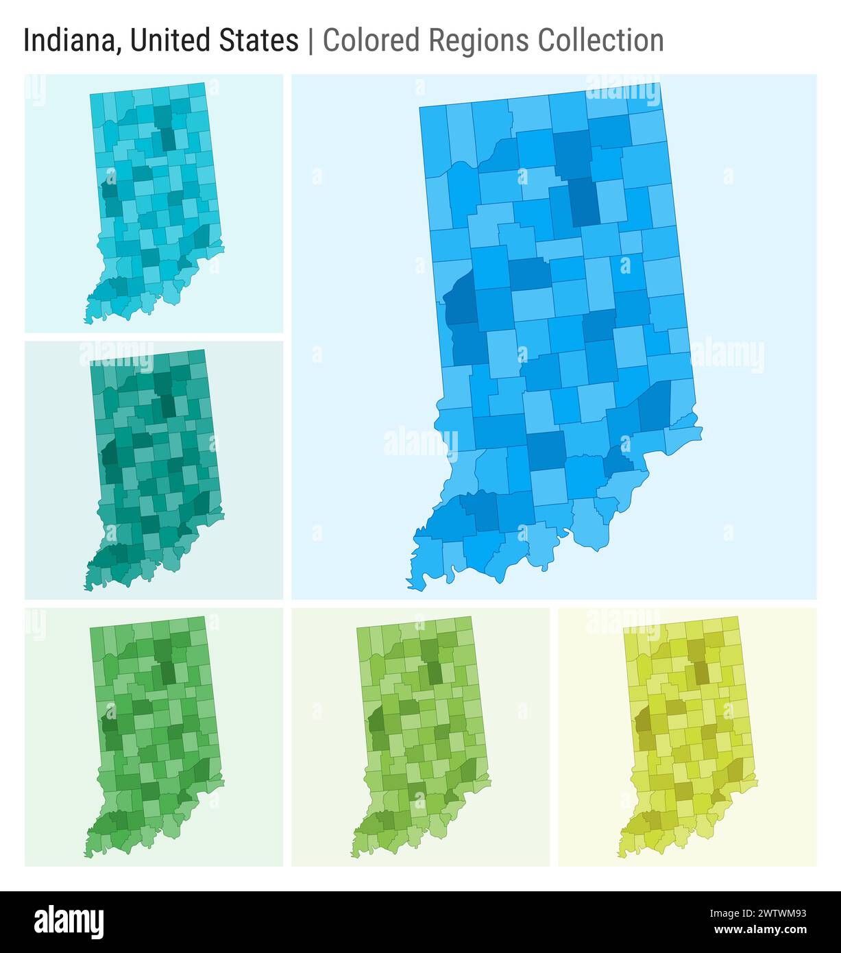 Indiana, United States. Map collection. State shape. Colored counties ...