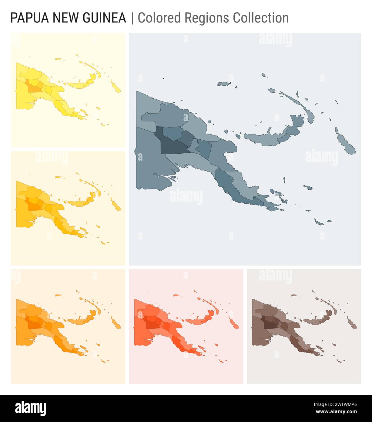 Papua New Guinea map collection. Country shape with colored regions ...
