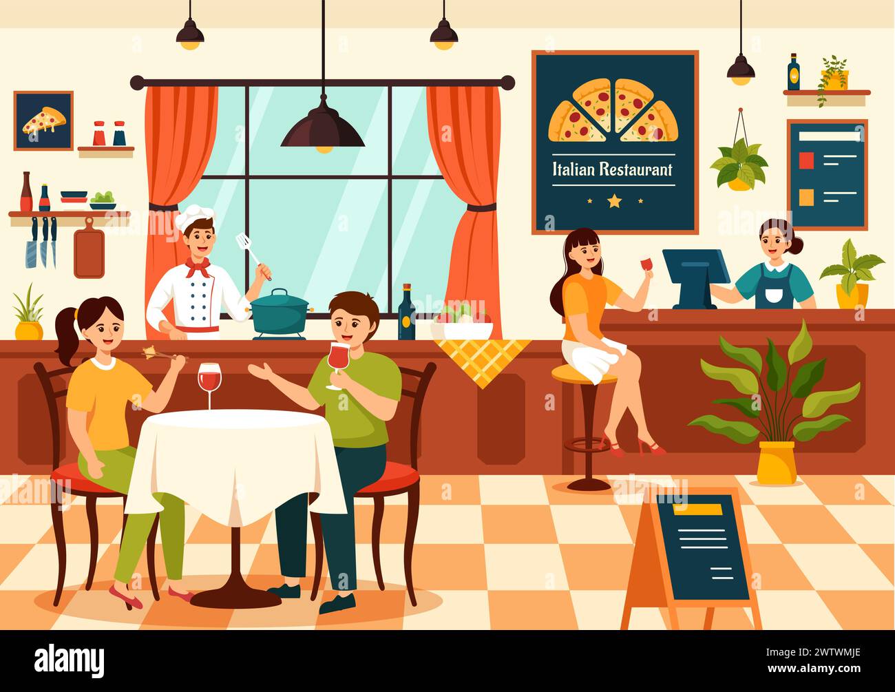 Italian Food Restaurant or Cafeteria Vector Illustration with ...